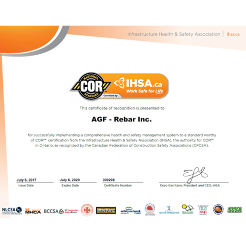 Certification COR pour AGF Rebar - Groupe AGF